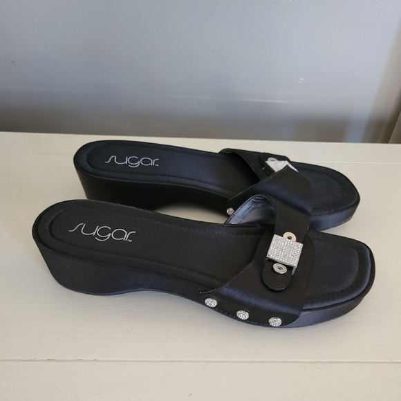 Sugar | Shoes | Sugar Black Satin Platform Slides Sandals | Poshmark